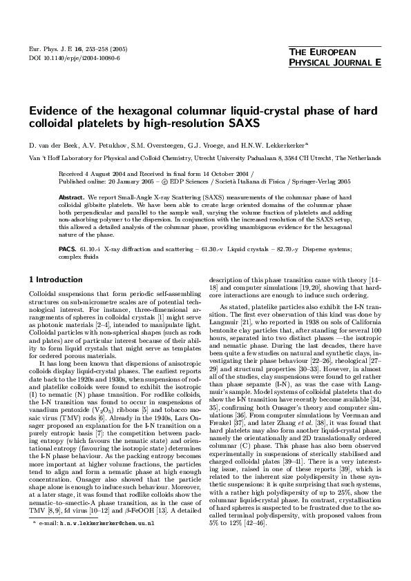 (PDF) Evidence of the hexagonal columnar liquid-crystal phase of hard colloidal platelets by ...