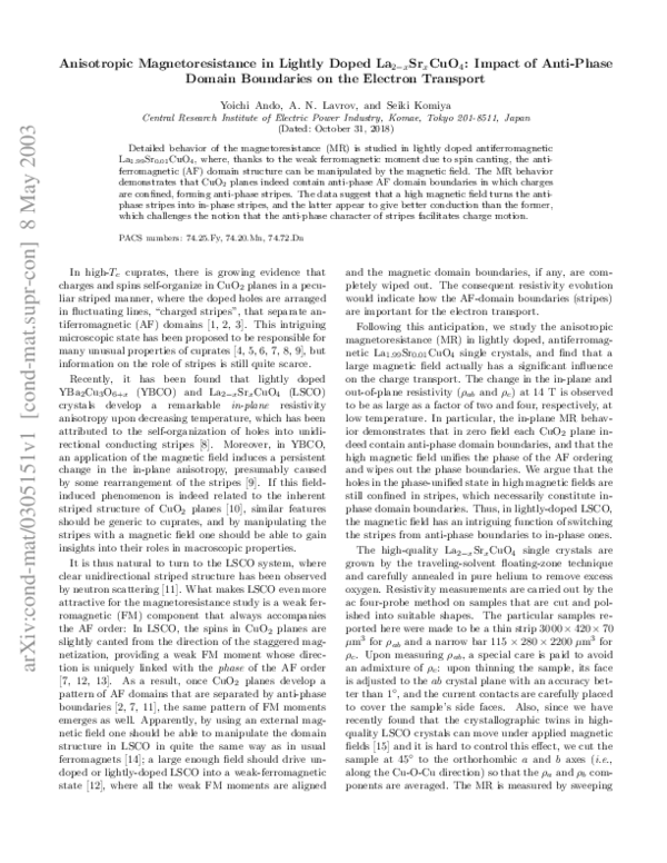 (PDF) Anisotropic Magnetoresistance in Lightly Doped La2-xSrxCuO4 ...