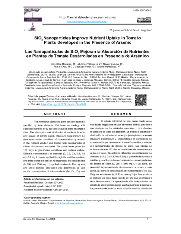 (PDF) Las Nanopartículas de SiO2 Mejoran la Absorción de Nutrientes en ...