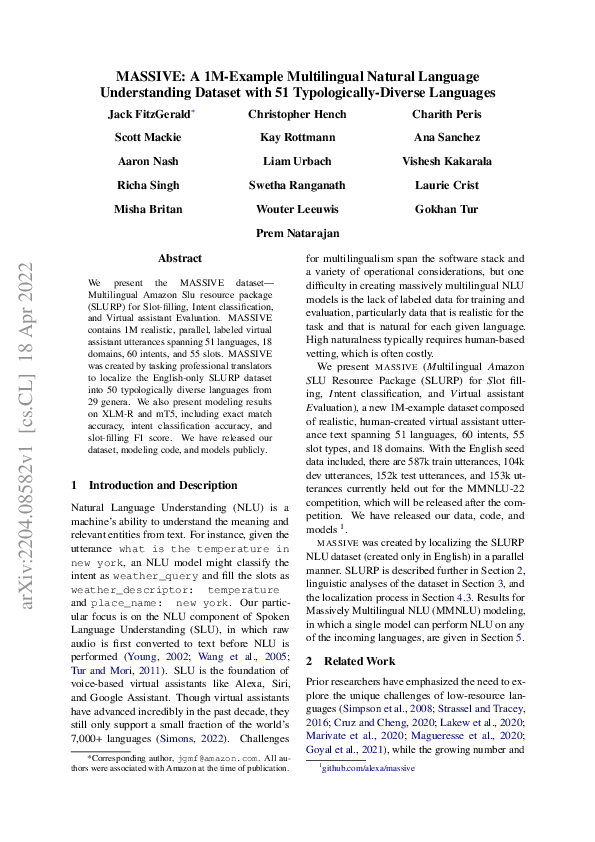 (PDF) MASSIVE: A 1M-Example Multilingual Natural Language Understanding ...