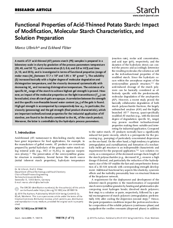 (PDF) Functional Properties of Acid‐Thinned Potato Starch: Impact of ...