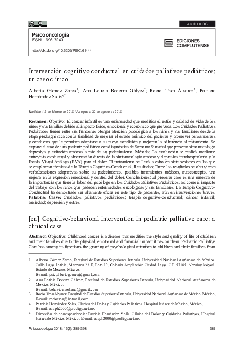 (PDF) Intervención cognitivo-conductual en cuidados paliativos pediátricos: un caso clínico
