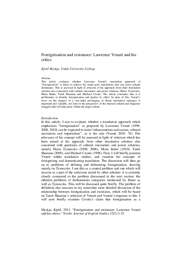 (PDF) Foreignisation and resistance: Lawrence Venuti and his critics