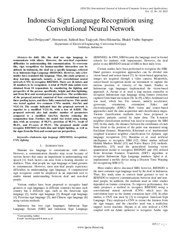 Pdf Indonesia Sign Language Recognition Using Convolutional Neural