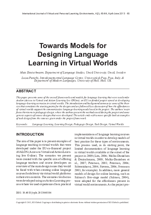 (PDF) Towards Models for Designing Language Learning in Virtual Worlds