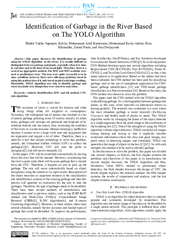 (PDF) Identification of Garbage in the River Based on The YOLO Algorithm