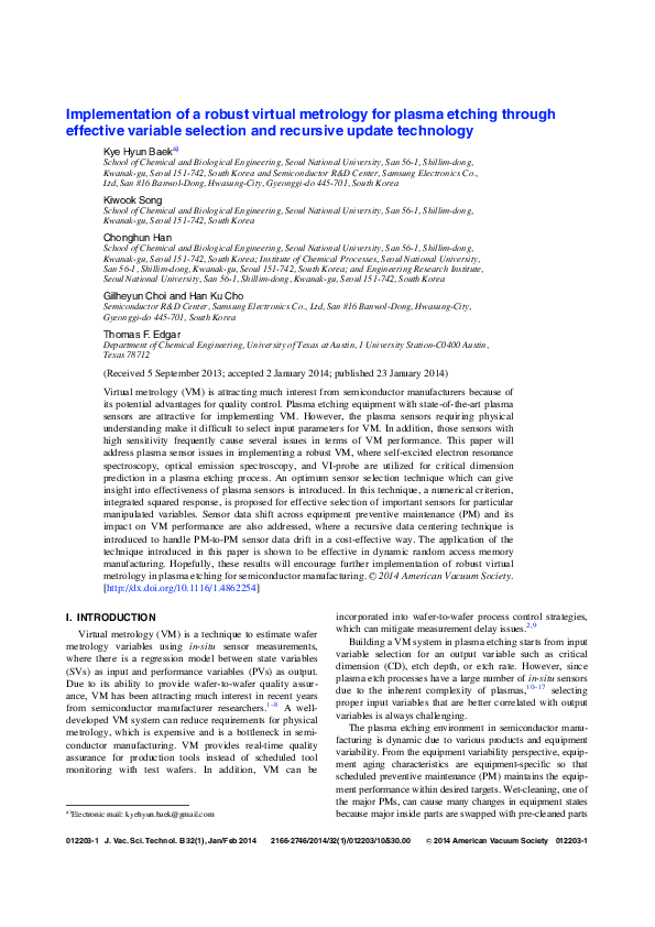 (PDF) Implementation of a robust virtual metrology for plasma etching through effective variable ...