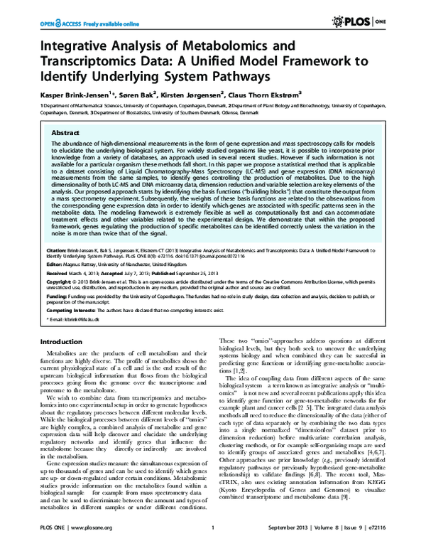 Pdf Modeling Metabolomics And Transcriptomics Data