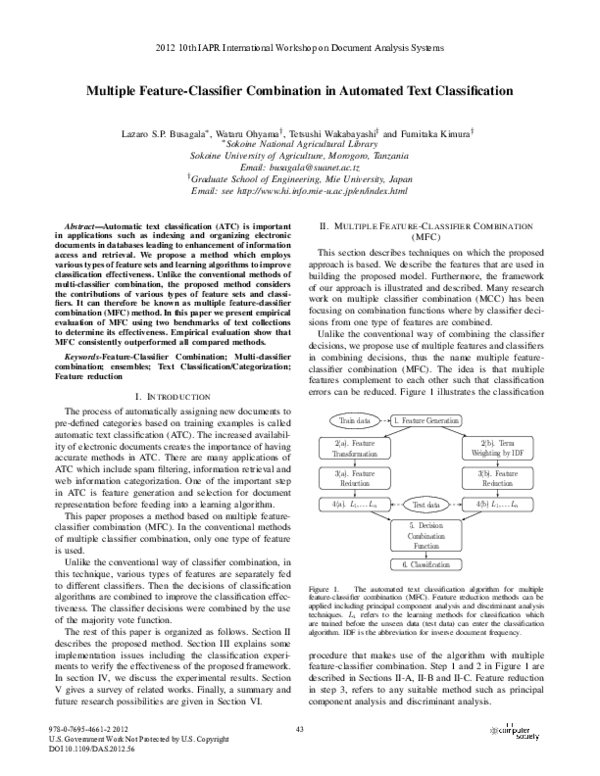 Pdf Multiple Feature Classifier Combination In Automated Text
