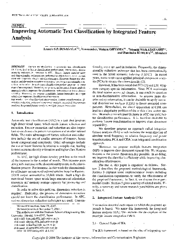 Pdf Improving Automatic Text Classification By Integrated Feature Analysis