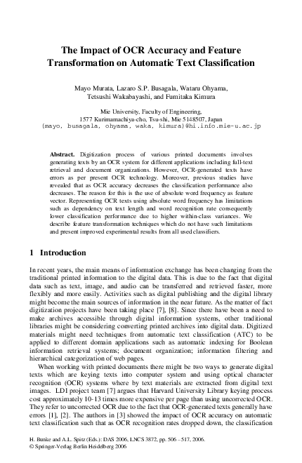Pdf The Impact Of Ocr Accuracy And Feature Transformation On