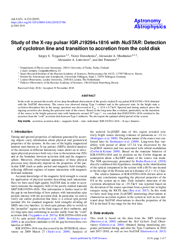 (PDF) Study of the X-ray pulsar IGR J19294+1816 with NuSTAR: Detection ...