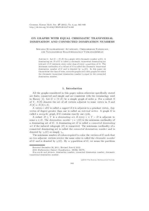 (PDF) On graphs with equal chromatic transversal domination and connected domination numbers