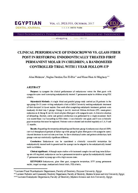 (PDF) Clinical Performance of Endocrowns vs Glass Fiber Post in ...