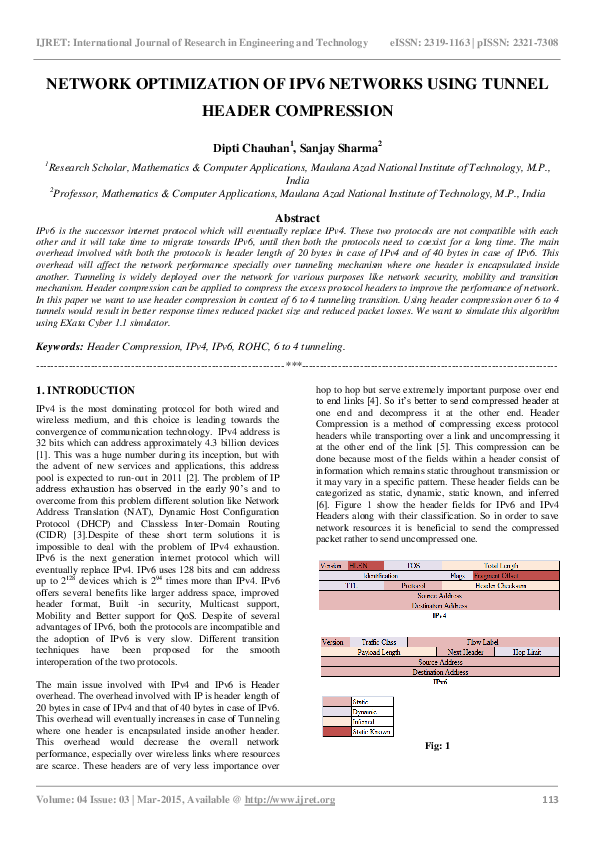 (PDF) Network Optimization of IPV6 Networks Using Tunnel Header Compression
