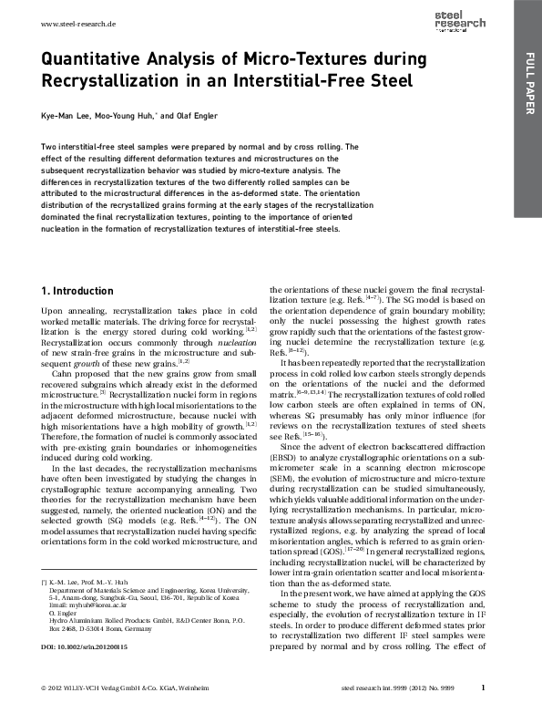 (PDF) Quantitative Analysis of Micro-Textures during Recrystallization ...