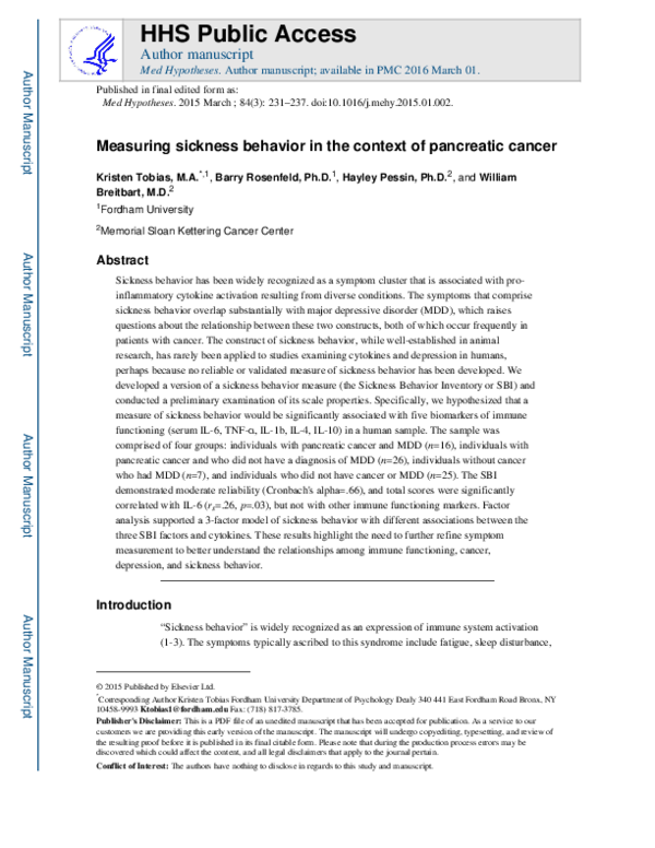 (PDF) Measuring sickness behavior in the context of pancreatic cancer