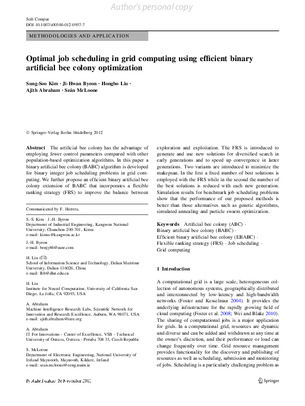 (PDF) Optimal job scheduling in grid computing using efficient binary artificial bee colony ...