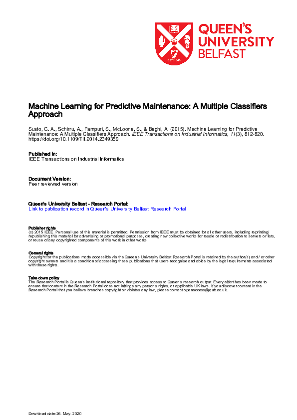Pdf Machine Learning For Predictive Maintenance A Multiple Classifier Approach