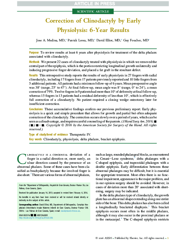 (PDF) Correction of Clinodactyly by Early Physiolysis: 6-Year Results