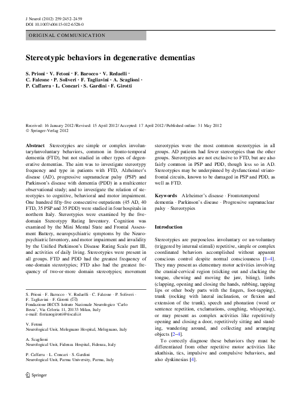 (PDF) Stereotypic behaviors in degenerative dementias