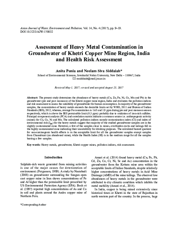 (PDF) Assessment of Heavy Metal Contamination in Groundwater of Khetri ...