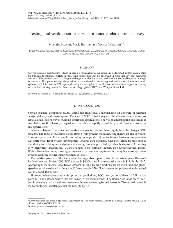 Pdf Testing And Verification In Service Oriented Architecture A Survey