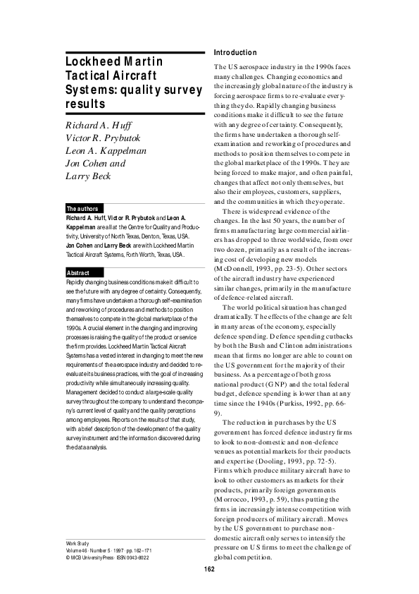 (PDF) Lockheed Martin Tactical Aircraft Systems: quality survey results