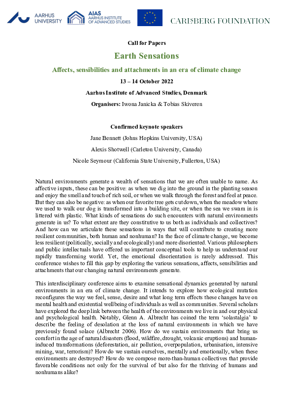(PDF) CFP: Earth Sensations (Keynotes Jane Bennett, Nicole Seymour, and ...