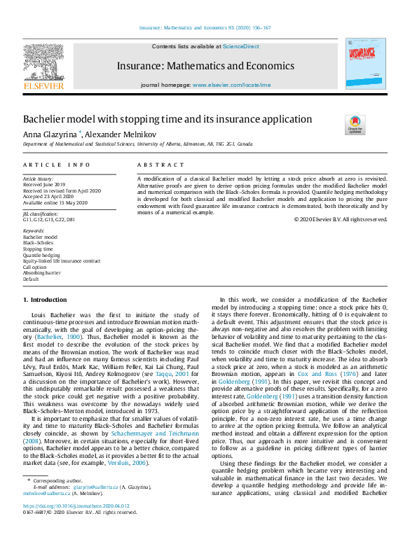 (PDF) Bachelier model with stopping time and its insurance application