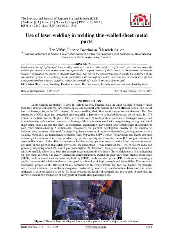 (PDF) Use of laser welding in welding thin-walled sheet metal parts