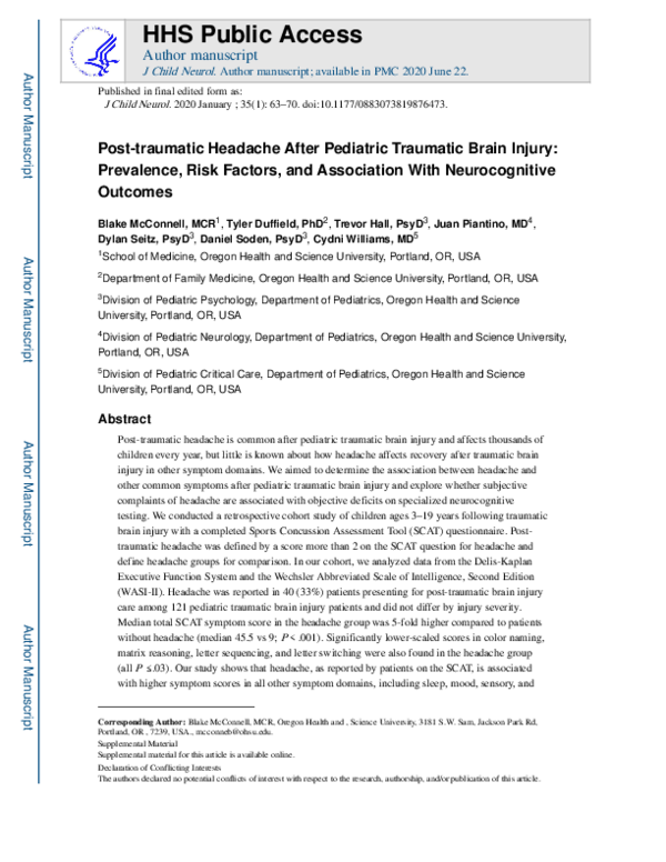 (PDF) Post-traumatic Headache After Pediatric Traumatic Brain Injury: Prevalence, Risk Factors ...