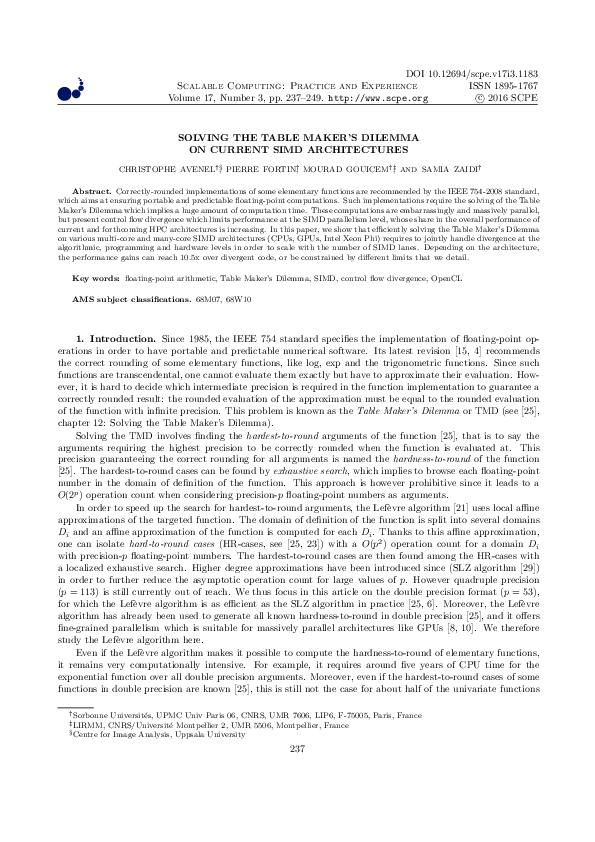 Pdf Solving The Table Maker S Dilemma On Current Simd Architectures Samia Zaidi