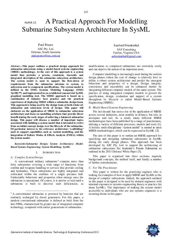 (PDF) PAPER 12 A Practical Approach For Modelling Submarine Subsystem Architecture In SysML