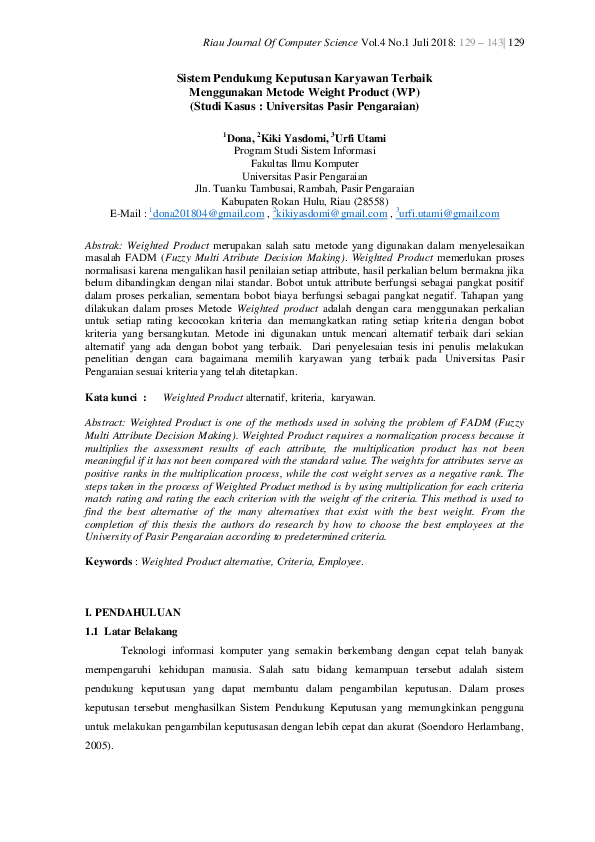 (PDF) Sistem Pendukung Keputusan Karyawan Terbaik Menggunakan Metode Weight Product WP Studi ...