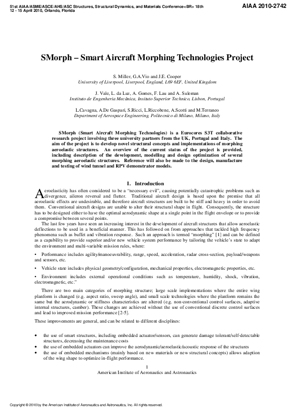 (PDF) SMorph - Smart Aircraft Morphing Technologies Project | F. Lau ...