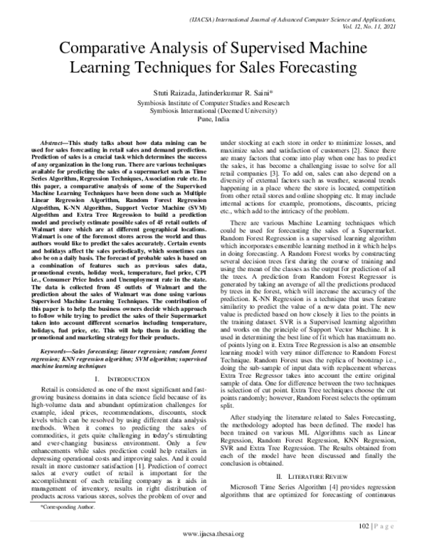 (PDF) Comparative Analysis of Supervised Machine Learning Techniques for Sales Forecasting