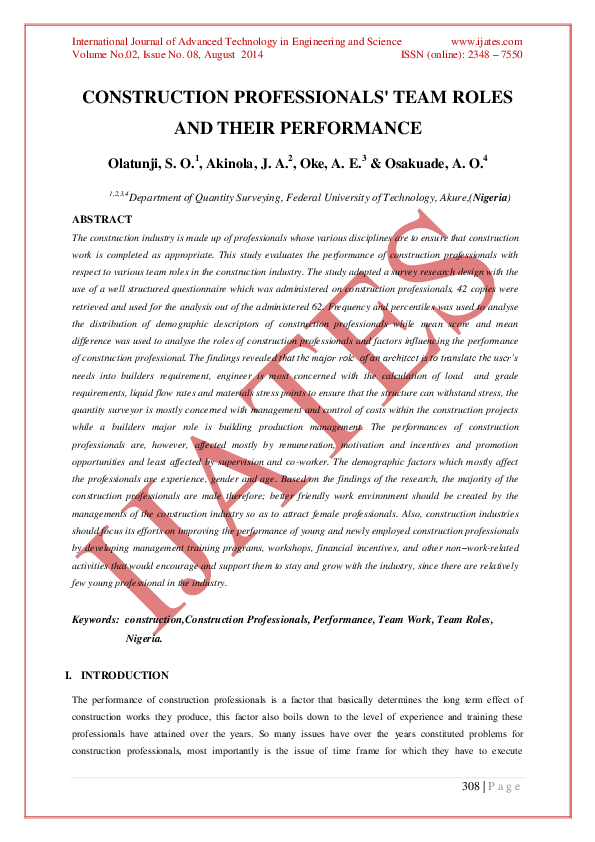(PDF) Construction Professionals' Team Roles and Their Performance