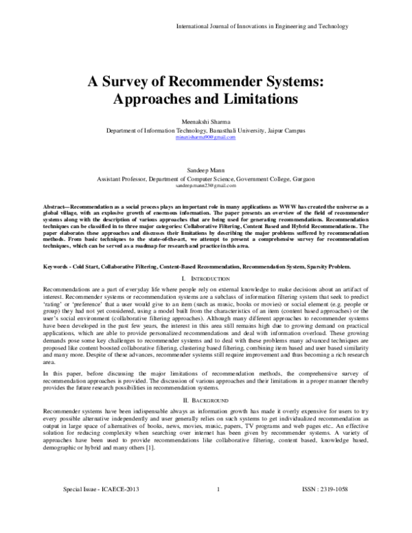 (PDF) A Survey of Recommender Systems: Approaches and Limitations