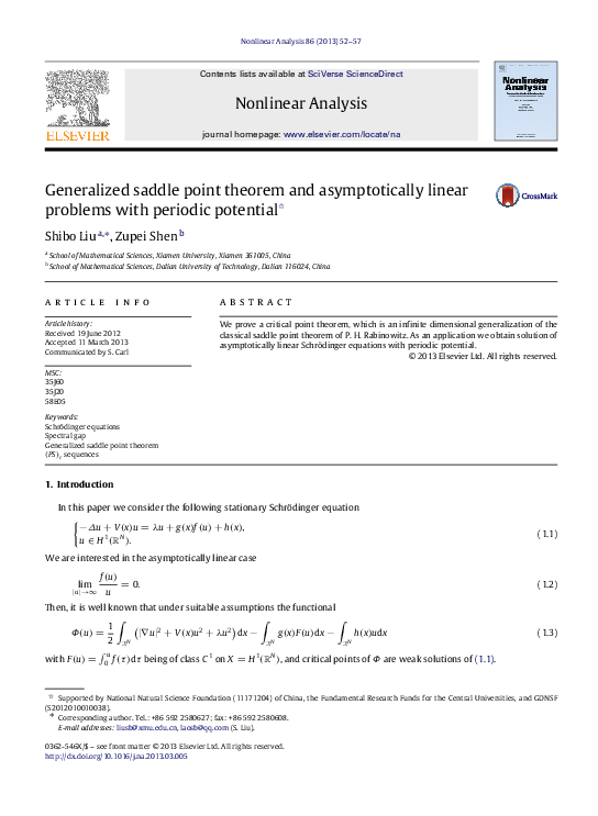 (PDF) Generalized Saddle Point Theorem for Periodic Schrödinger Equations