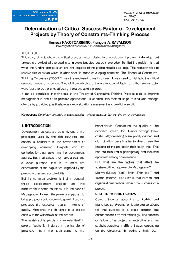 (PDF) Determination of Critical Success Factor of Development Projects by Theory of Constraints ...
