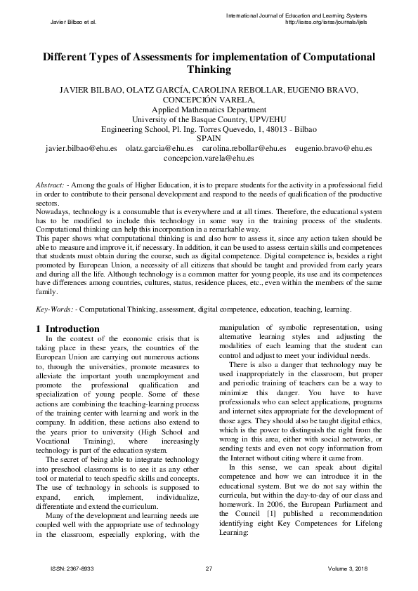 Pdf Different Types Of Assessments For Implementation Of Computational Thinking