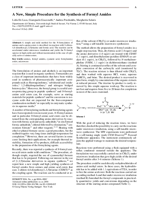 (PDF) A New, Simple Procedure for the Synthesis of Formyl Amides