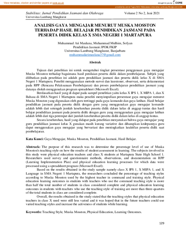 (PDF) Analisis Gaya Mengajar Menurut Muska Mosston Terhadap Hasil ...