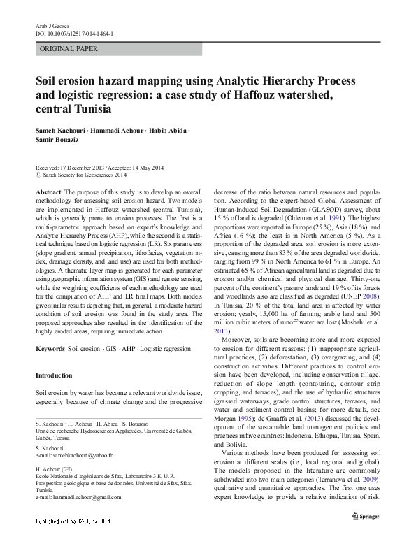 (PDF) Soil erosion hazard mapping using Analytic Hierarchy Process and logistic regression: a ...