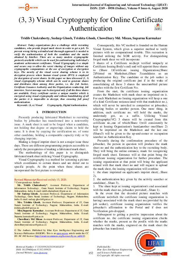 (PDF) (3, 3) Visual Cryptography for Online Certificate Authentication
