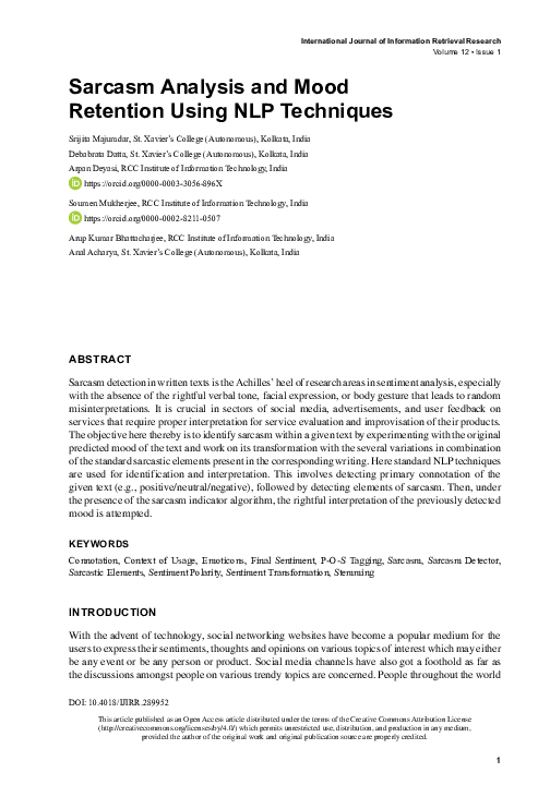 (PDF) Sarcasm Analysis and Mood Retention Using NLP Techniques