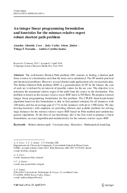 Pdf An Integer Linear Programming Formulation And Heuristics For The Minmax Relative Regret