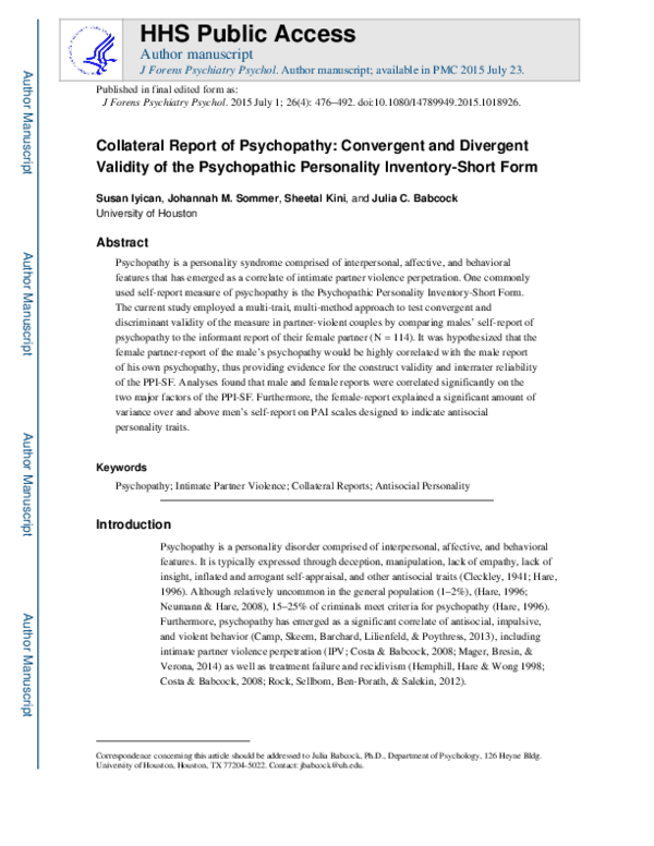 (PDF) Collateral report of psychopathy: convergent and divergent ...