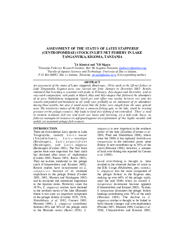 (PDF) Assessment of the status of Lates stappersii (centropomidae ...